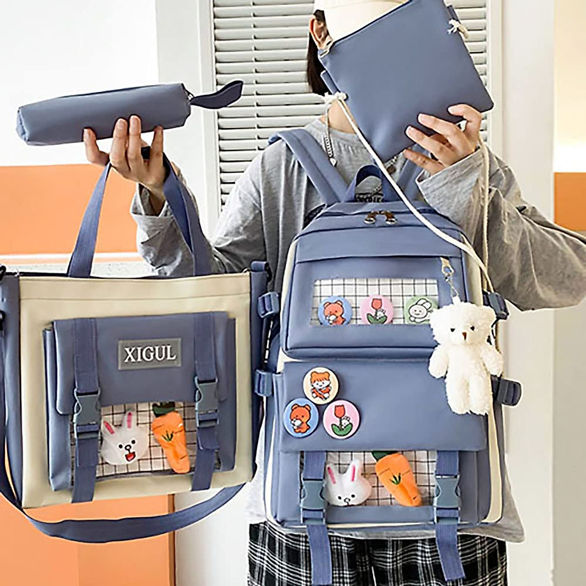 AG AGUU Backpack with Pendants and Pins Accessories 4Pcs Sets Rucksack Bag for Women(Blue)