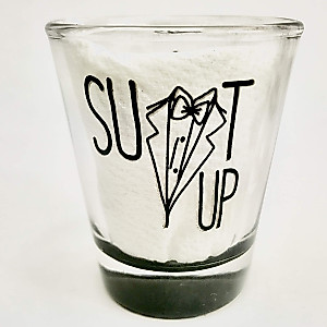 5 Groomsmen Shot Glasses (1.75 oz) & 5 Team Groom Proposal Cards as a Bachelor Party Gift Idea With Suit Up & Drink Up Text & Graphics.