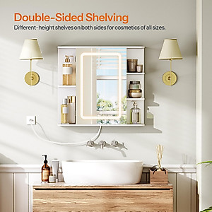 HOOBRO Bathroom Medicine Cabinet with Mirror, Wall-Mounted Cabinet with Storage, Lighted Medicine Cabinet with LED Lights, Charging Station, Adjustable Shelf, 5 Open Shelves, White