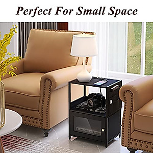 SAUCE ZHAN End Table with Charging Station, Nightstand with USB Ports and Outlets, Fabric Bags, Bedside Table for Small Space Side Table with Storage Drawer for Living Room, Bedroom, Office, Black