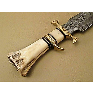 Custom Hand Made Forged Damascus Steel Hunting Bowie Knife Fixed Blade Leather Handle Camel Bone With Leather Sheath Full Tang 967