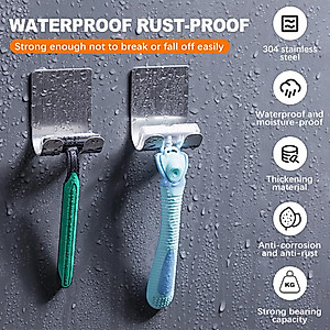 2-Pack Razor Holder For Shower + 2-Pack Adhesive Wall Hooks, 304 Stainless Steel Self Adhesive Shower Razor Holder And Waterproof Sticky Hooks For Bathroom Kitchen Organize Towels, Clothes, Hats