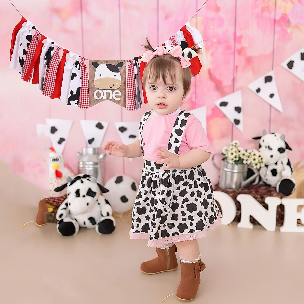 Farm Cow for First Birthday Highchair Banner - Boy or Girl High Chair One First 1st Barnyard Smash Cake Cow Western Fabric Picnic Decorations Cow , Party Decor for Baby Showers (Farm Cow Highchair