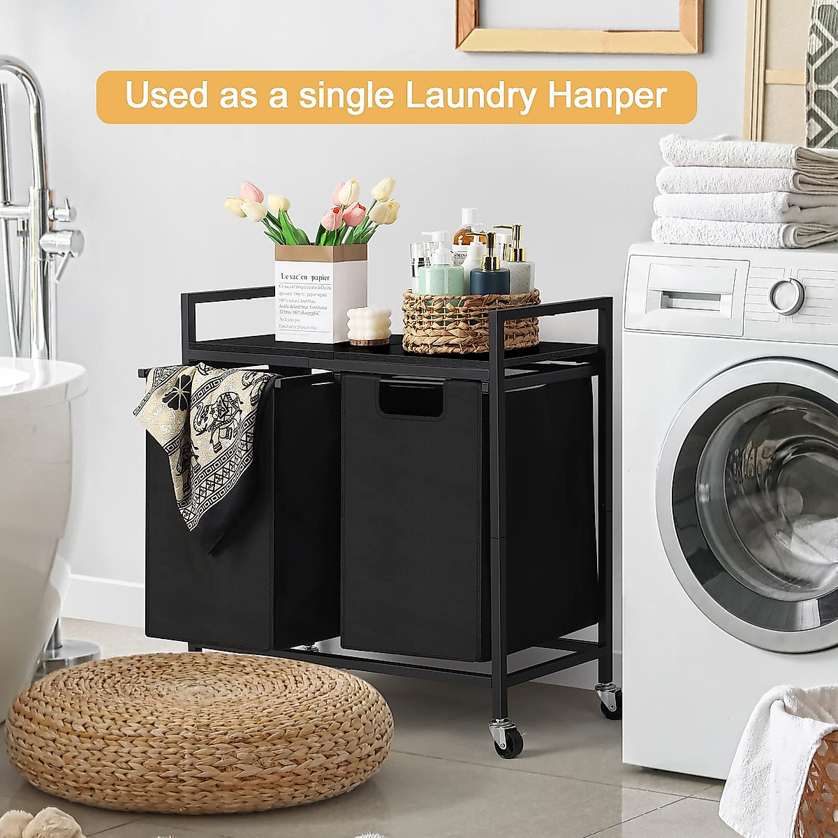 OYEAL Laundry Hamper with Lid Laundry Sorter Cart 2 Section Rolling Laundry Basket with Hanging Rack 6 Hooks for Laundry Room Bathroom Bedroom, Black