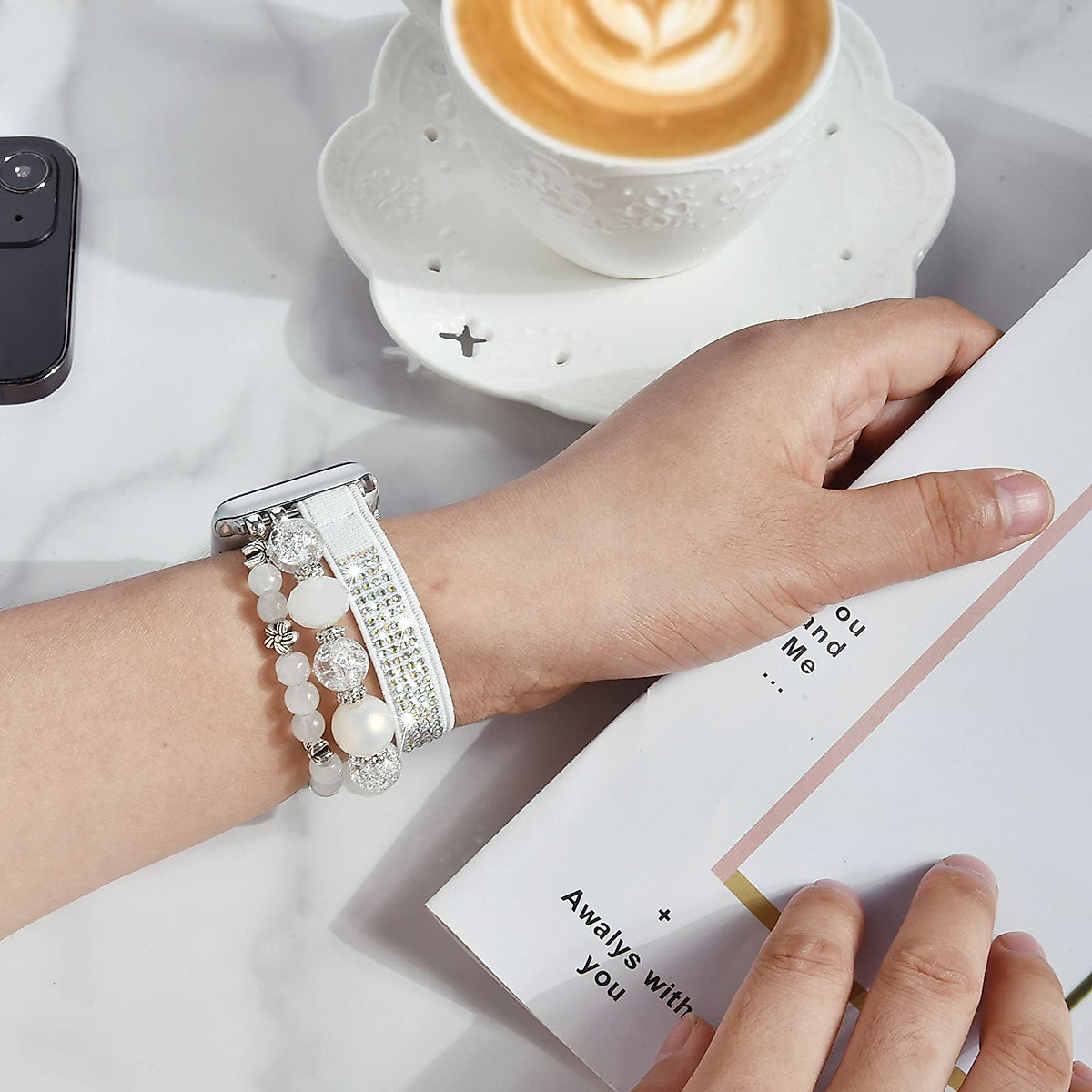 CAGOS Beaded Bracelet Compatible with Apple Watch Band 41mm 38mm 40mm Women, Bling Charm Elastic Scrunchie Dressy Strap for iWatch Bands Series 9/8/7/6/5/4/3/2/1/SE, Pure White