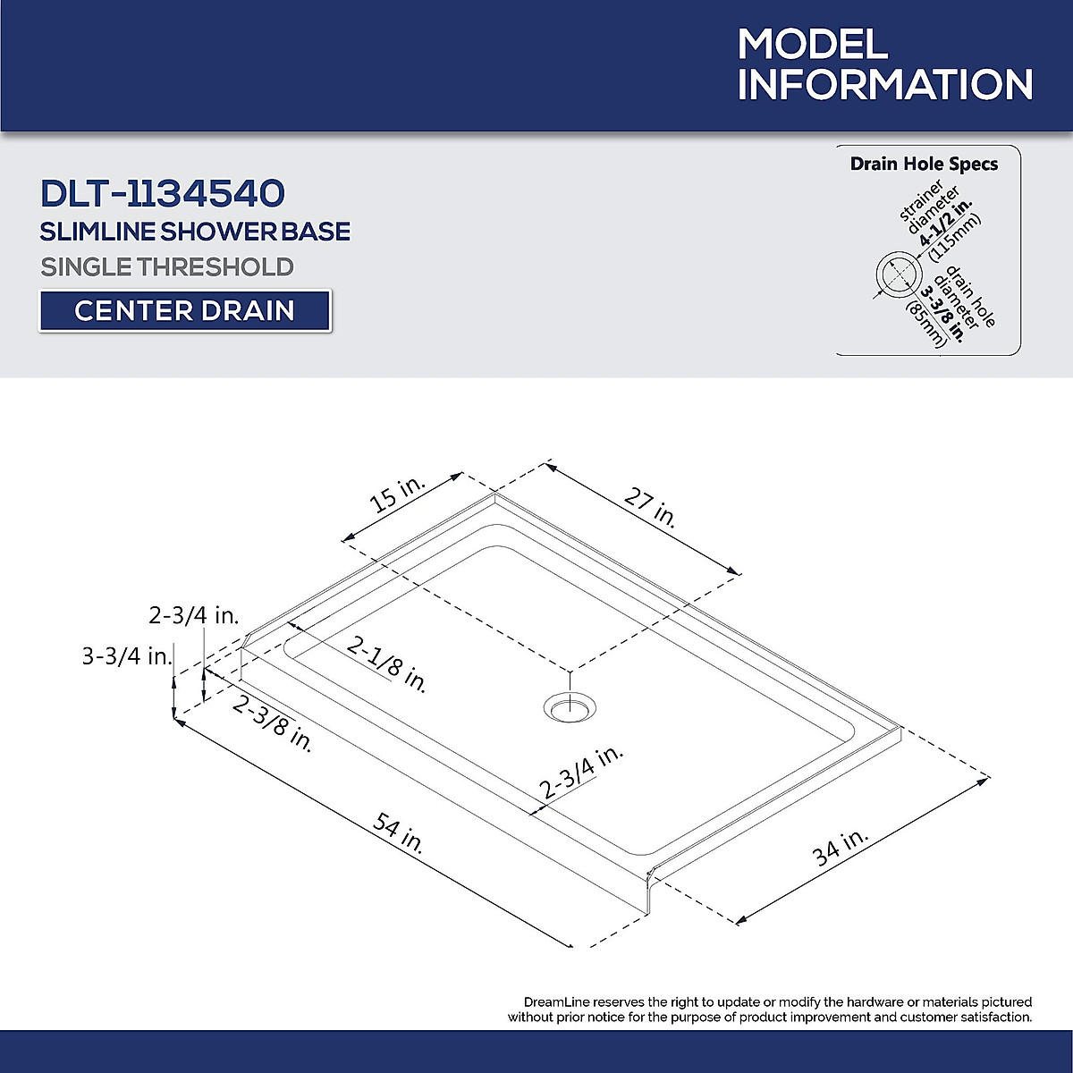 DreamLine SlimLine 34 in. D x 54 in. W x 2 3/4 in. H Center Drain Single Threshold Shower Base in Biscuit, DLT-1134540-22