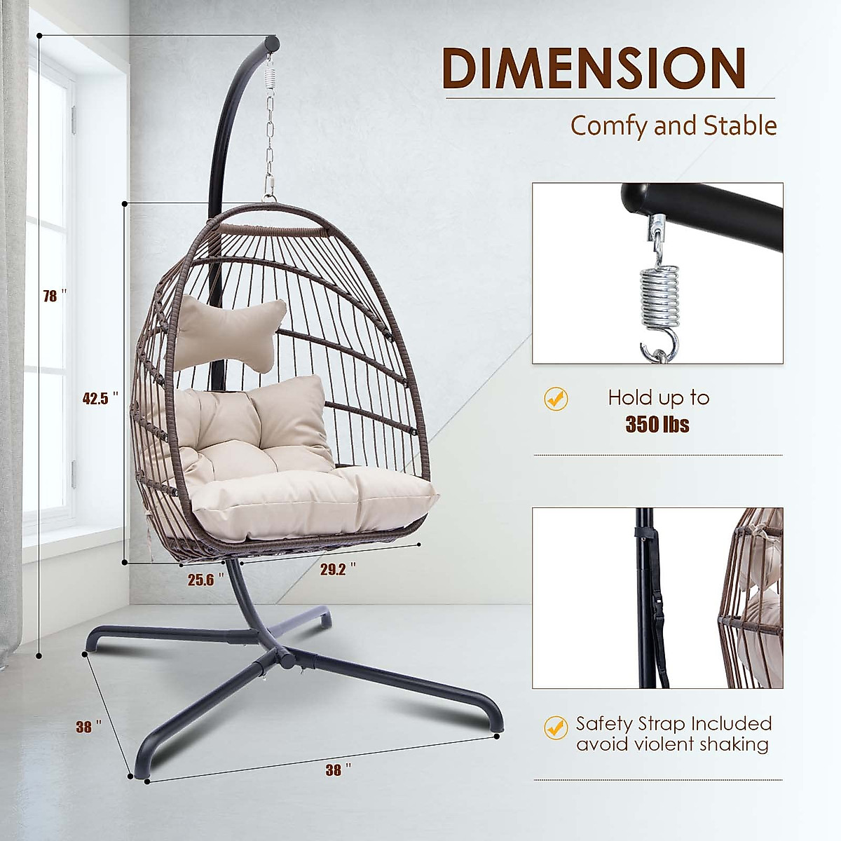 RADIATA Foldable Wicker Rattan Hanging Egg Chair with Stand, Swing Chair with Cushion and Pillow, Lounging Chair for Indoor Outdoor Bedroom Patio Garden (Brown with Cover)