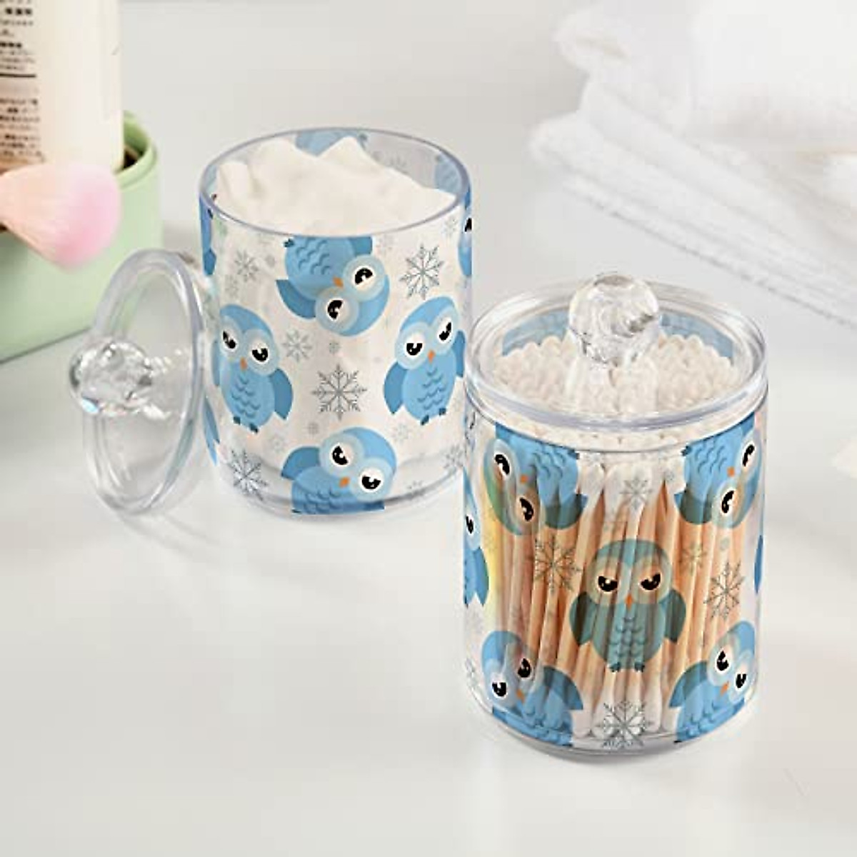 BOENLE 2 Pack Qtip Holder Organizer Dispenser Owls Snowflakes Winter Christmas Bathroom Storage Canister Cotton Ball Holder Container for Cotton Swabs/Pads/Floss