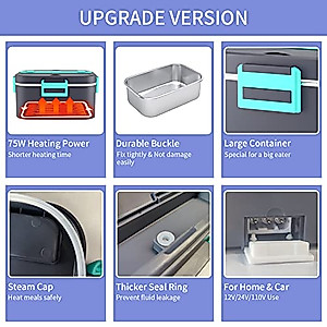 Tlsdosp Electric Lunch Box Food Heater, 75W 1.8L Protable Heated Lunch Box for Adults Work Food Heating, Leak Proof Removable Stainless Steel Container, 12V/24V/110V for Car Truck Home