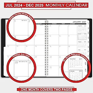 2024-2025 Monthly Planner/Calendar - Jul 2024 - Dec 2025, Monthly Planner 2024-2025, 18 Months, Faux Leather, 8.86" x 11.4", 15 Notes Pages, Strong Twin - Wire Binding, Tabs, Perfect Organizer - Black