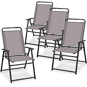 Giantex Patio Chairs Set of 4, Outdoor Folding Chairs with Armrests, Metal Frame, Outside Foldable Dining Chairs for Lawn Deck Porch Beach Yard (Gray & Black)