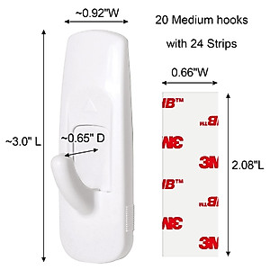 JulyWind 20 Medium Hooks for Hanging, Adhesive Wall Strips Hooks Heavy Duty, no Damage Sticky Utility Hooks with 24 Strips for Bathroom Towel，Coat，Door，Key