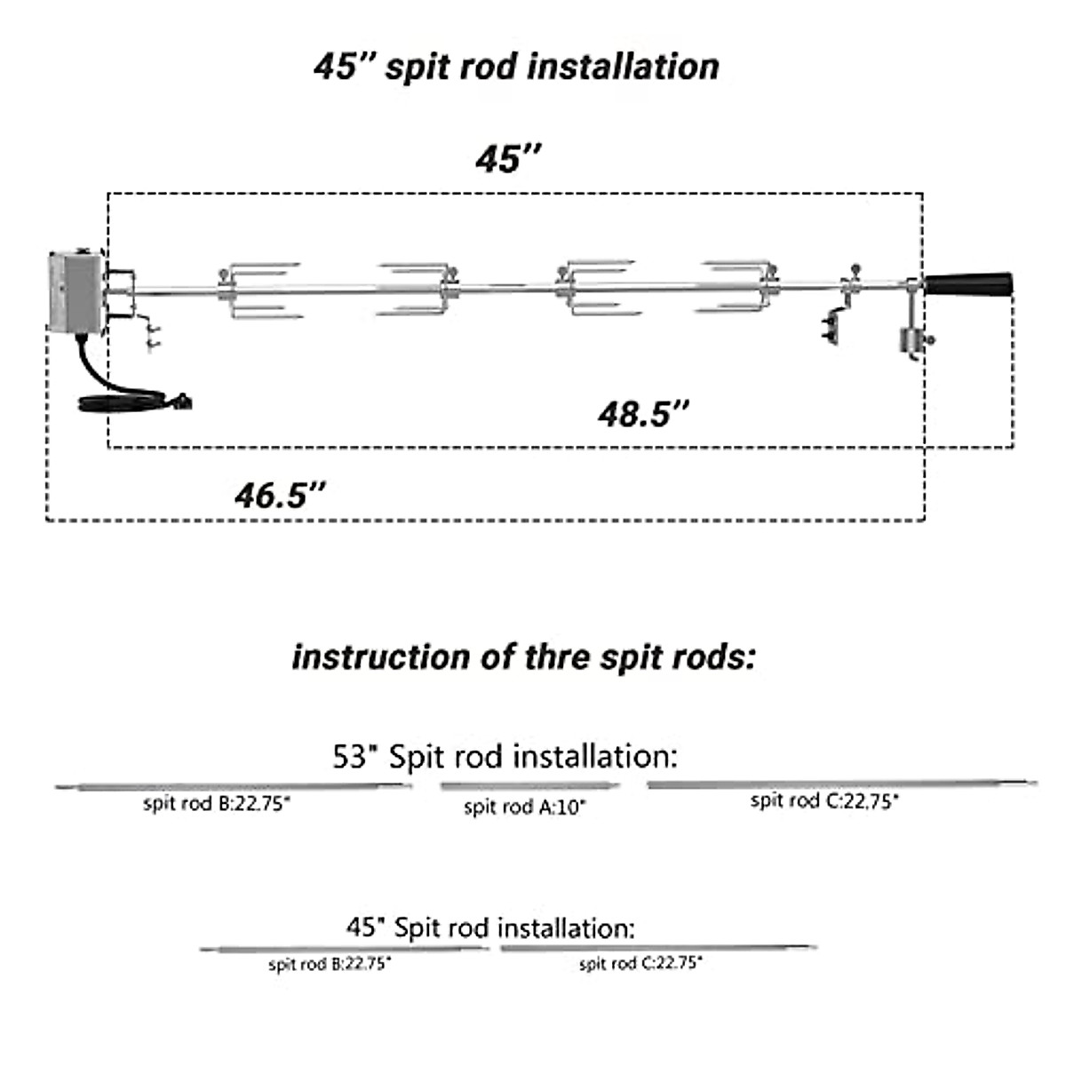 onlyfire Universal Grill Replacement Rotisserie Kit - 45'' & 53'' X 1/2'' Hexagon Spit Rod, Stainless Steel Electric Motor