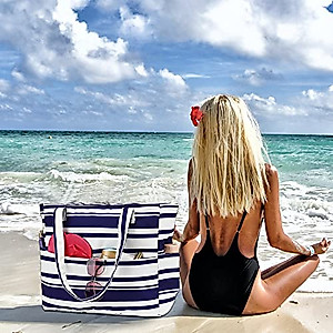 LEDAOU Beach Bag Sandproof Women Tote Bag Pool Bag with Zipper for Gym Grocery Travel with Wet Pocket (Blue White Stripes)