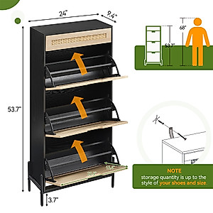 GAOMON Rattan Shoe Storage Cabinet with 3 Flip Door and 1 Drawer, Freestanding Shoe Organizer Rack for Entryway, Hidden Shoe Cabinet with 3-Tier Adjustable Shelves for Hallway Living Room (Black)