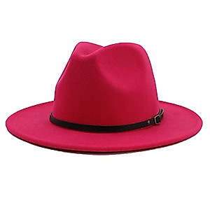 DT DANTIYA Women's Classic Wide Brim Wool Fedora Hat with Belt Buckle Felt Panama Hat Rose Red