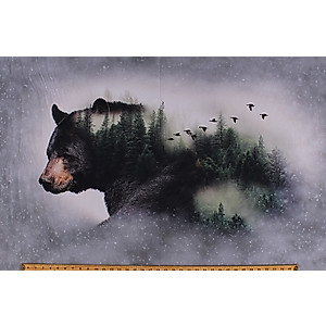 27.5" X 44" Panel Black Bear Pine Trees Geese Goose Woods Forest Snow Conifers Realistic Wildlife Animals Scenic Landscape Nature Call of The Wild Digital Cotton Fabric Panel (P4356-44-FOREST)
