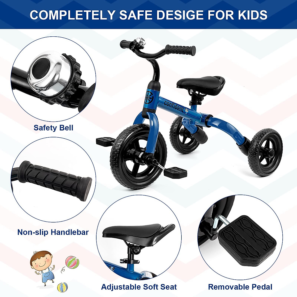 XPIY Tricycle for Toddlers Age 2-5 Years Old, 3 in 1 Folding Toddler Bike for Boys and Girls, Kids' Bike Trike with Detachable Pedal and Adjustable Seat (Blue)