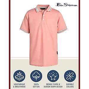 Ben Sherman Boys' Polo Shirt - Classic Fit Short Sleeve Pique Polo - Comfort Stretch Golf Shirt for Boys (8-18), Size 10-12, Pink