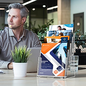 MaxGear Acrylic Brochure Holder 8.5 x 11 inch, Clear Literature Organizer Magazine Stand with Removable Divider for 4 x 9 inch Brochures, 4 Tier Pamphlet Display for Wall Mount or Countertop