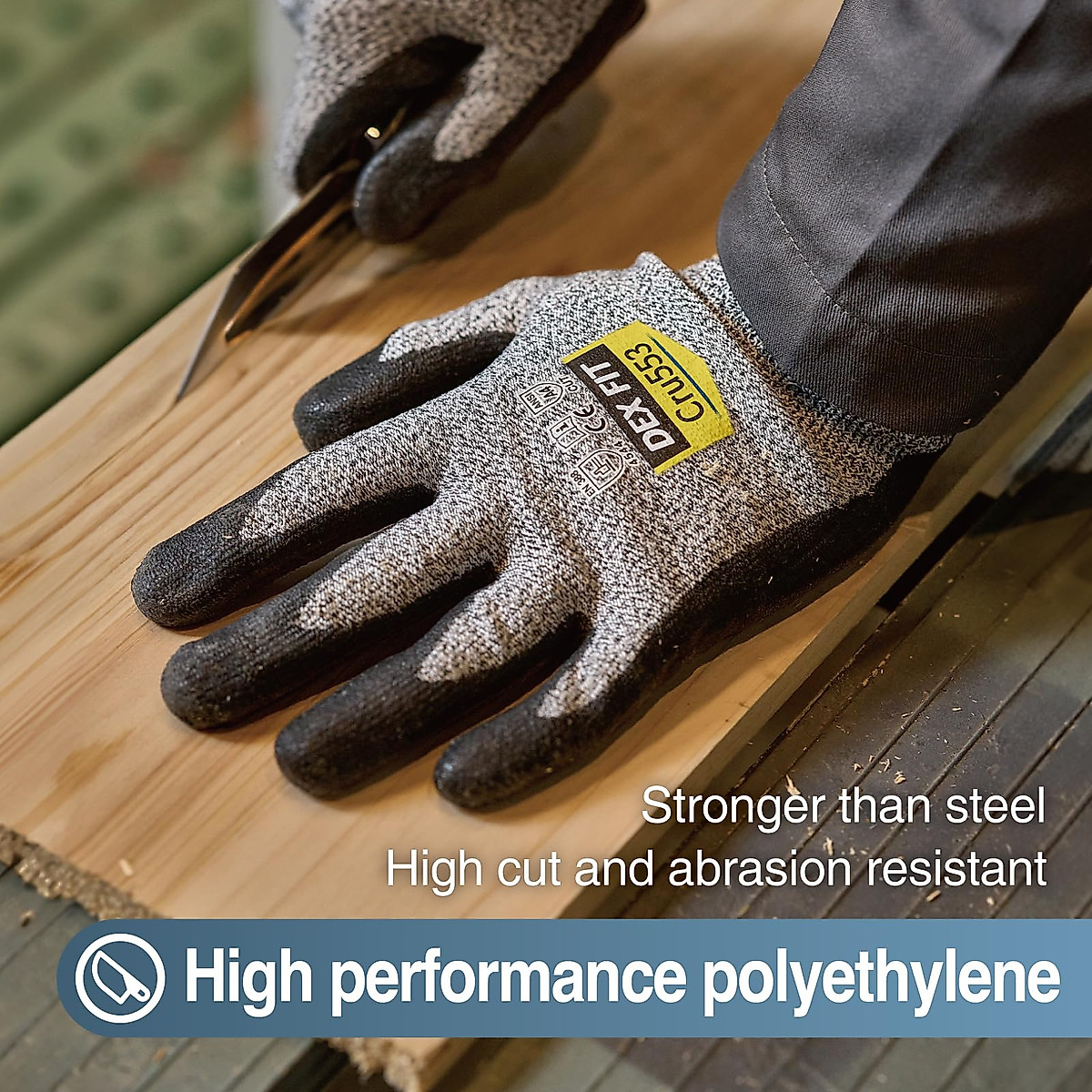 DEX FIT Level 5 Cut Resistant Gloves Cru553, 3D-Comfort Fit, Firm Grip, Thin & Lightweight, Touch-Screen Compatible, Durable, Breathable & Cool, Machine Washable; Black Grey L (9) 1 Pair