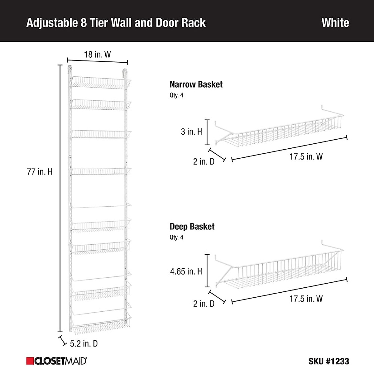 ClosetMaid Adjustable Organizer Rack with Baskets Wall or Over Door Mount, for Kitchen, Pantry, Utility Room, Closet, 18 in. W, White Finish, Pack of 2