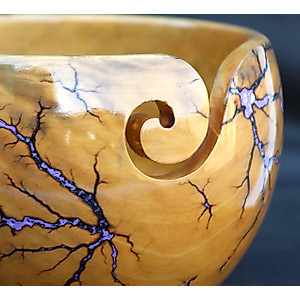 Lichtenberg Figure Yarn Bowl - Handmade Wooden Yarn Bowl for Knitting Yarn Ball Holder - Yarn Bowls with Holes Crochet Bowl Holder - Yarn Storage Bowl 7" x 4" inches (Purple-B)