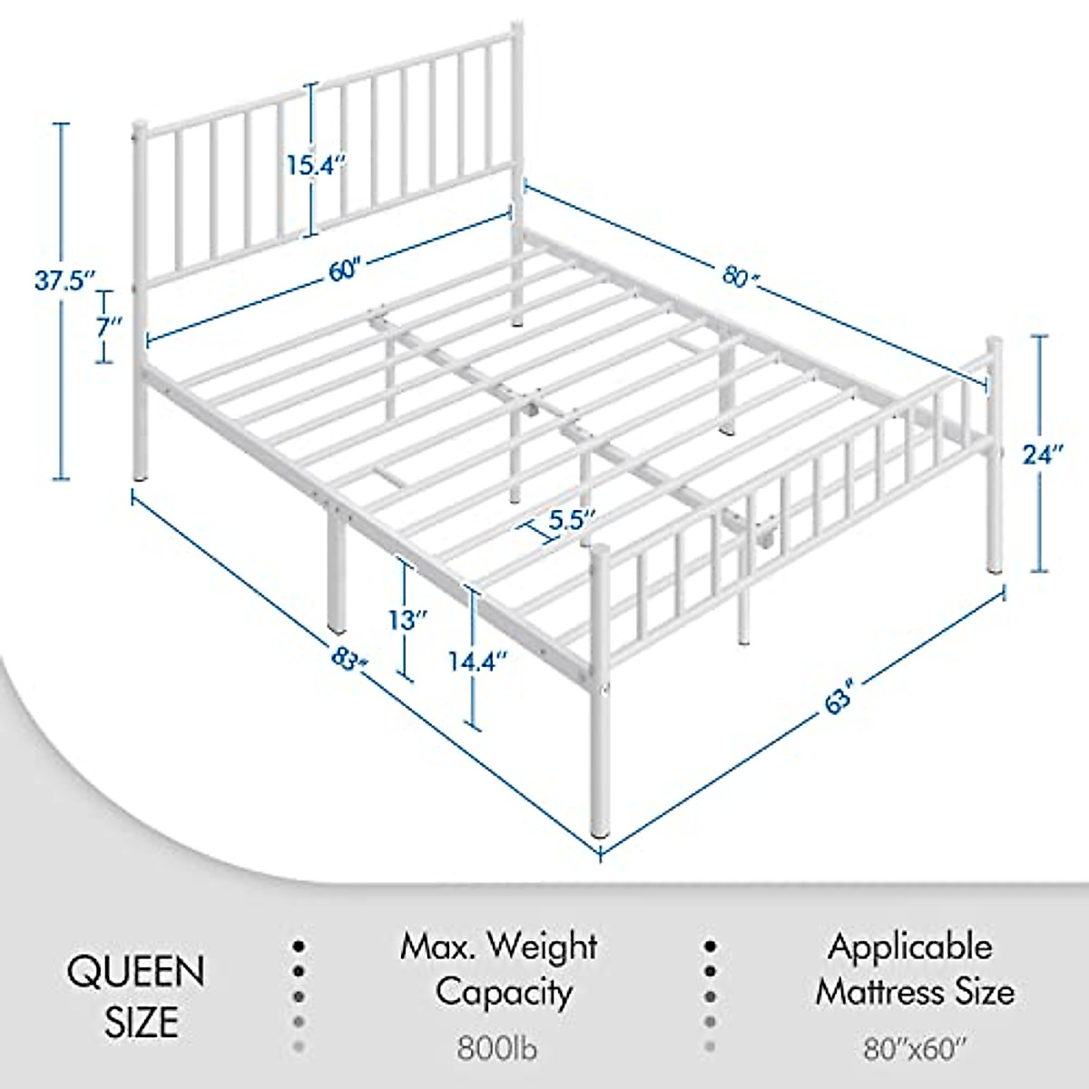 Yaheetech 14 Inch Queen Size Bed Frame Metal Platform Bed with Spindle Headboard Footboard/Mattress Foundation/No Box Spring Needed/Underbed Storage Space/Steel Slat Support/Easy Set up, White