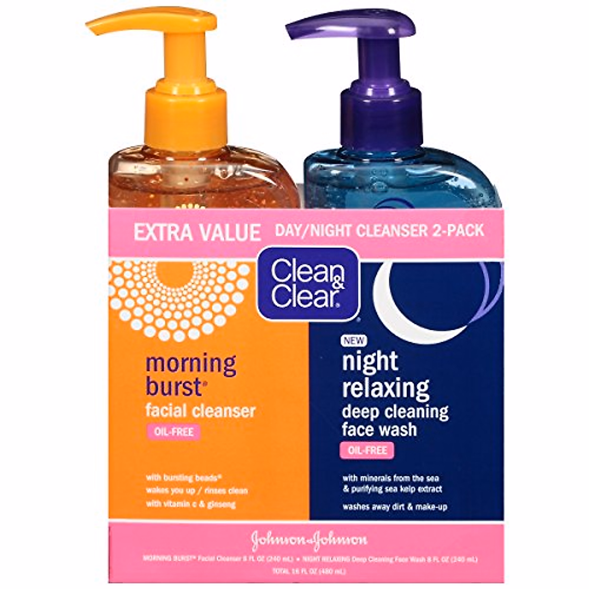 Clean & Clear 2-Pack Day and Night Face Cleanser Citrus Morning Burst Facial Cleanser with Vitamin C and Cucumber, Relaxing Night Facial Cleanser with Sea Minerals, Oil No & Hypoallergenic Face Wash