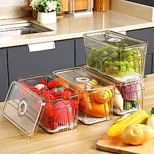 Blushtier 4 Pcs Fridge Organizer Bins with Drain Tray and Lid Handle Plastic Stackable Timer Keep Fresh Sealed Food Storage Container for Vegetables Fruit Salad Lettuce, 10 x 5.3 x 5.3 (Drain Tray)