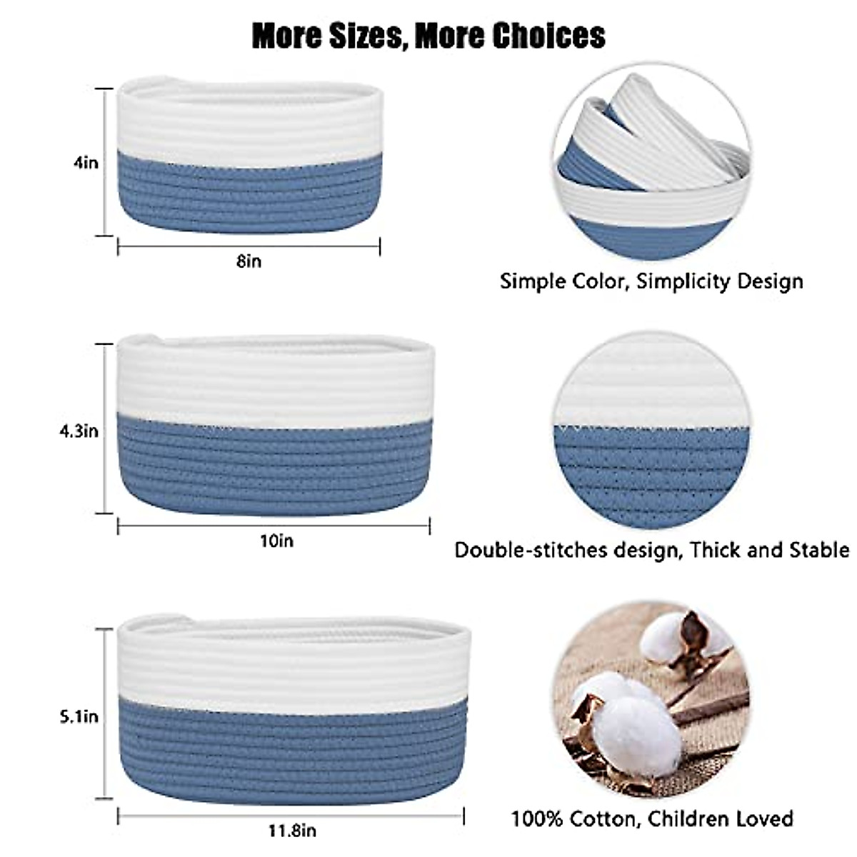 Hombins 3 Set Cotton Rope Storage Baskets with Handles | Round Baskets Set for Organization, Toy Basket, Small Soft Baby Nursery Baskets, Cat Dog Toy Basket, Gift, White&Blue