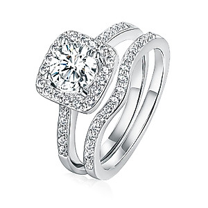 Gemsme 18K White Gold Plated Two-in-One Wedding Engagement Eternity Rings Halo Cubic Zirconia Bridal Rings Set 6