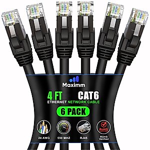 Maximm Cat 6 Ethernet Cable 4 ft (6-Pack) - High-Speed LAN Cable, Internet Cable, Patch Cable, and Network Cable - UTP, 10Gbps, 550MHz Ethernet Cord - Black