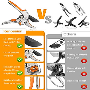 Pruning Shears, Kenossion Gardening Tools - Garden Shears with Ratchet Anvil, Professional Pruners for Gardening, Garden Clippers/Pruning Scissors with Stainless Steel Blades & Non-slip Handle