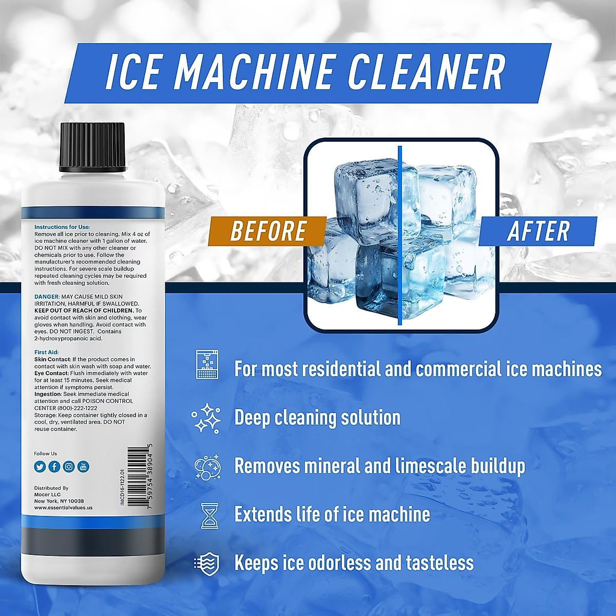 Essential Values 2-Pack Ice Machine Cleaner and Descaler 16 fl oz, Nickel Safe Descaler | Ice Maker Cleaner Compatible with All Major Brands (Scotsman, KitchenAid, Affresh)