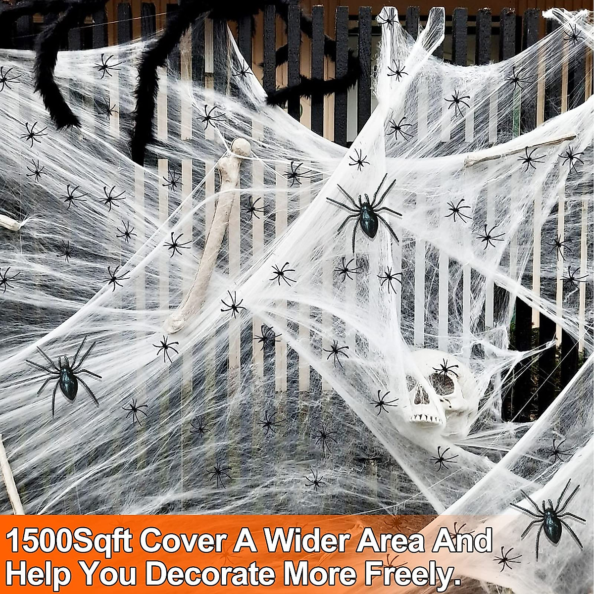 1500 sqft Halloween Spider Web Decorations Super Stretch Cobweb with 130 Plastic Fake Spiders Glow in The Dark Halloween Decorations Indoor Outdoor Party Supplies Haunted House Decor (450g)