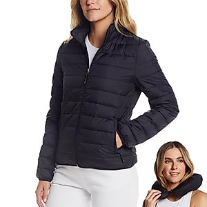 Weatherproof Women's Packable Puffer Jacket with Travel Neck Pillow - Lightweight, Warm, Water-Resistant Down Jacket (Large) Black | Quilted, Packable Travel Jacket with Long Zipper