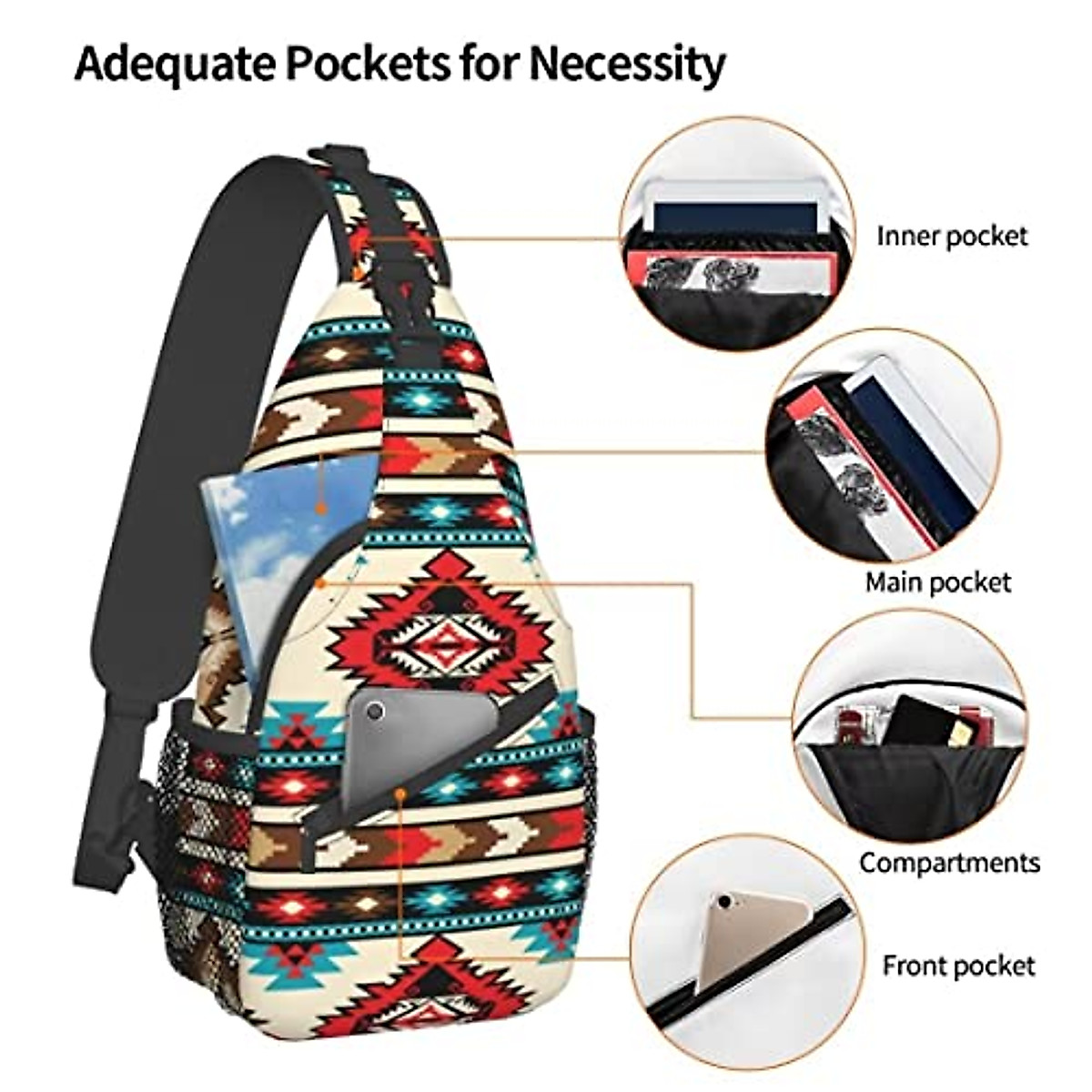 Tribal Aztec Geometric Pattern Sling Bag Crossbody Backpack Native American Ethnic Tribal Southwest Stripe Red Gym Travel Hiking Daypack Navajo Print Chest Bag Shoulder Bag for Women Men
