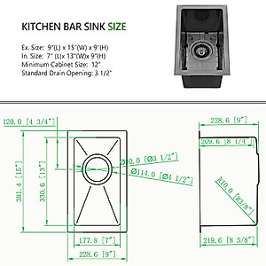 9 Inch Black Undermount Small Bar Sink, Swift Horse 9"x15" 16Gauge Black Stainless Steel Small Undermount Bar Sinks