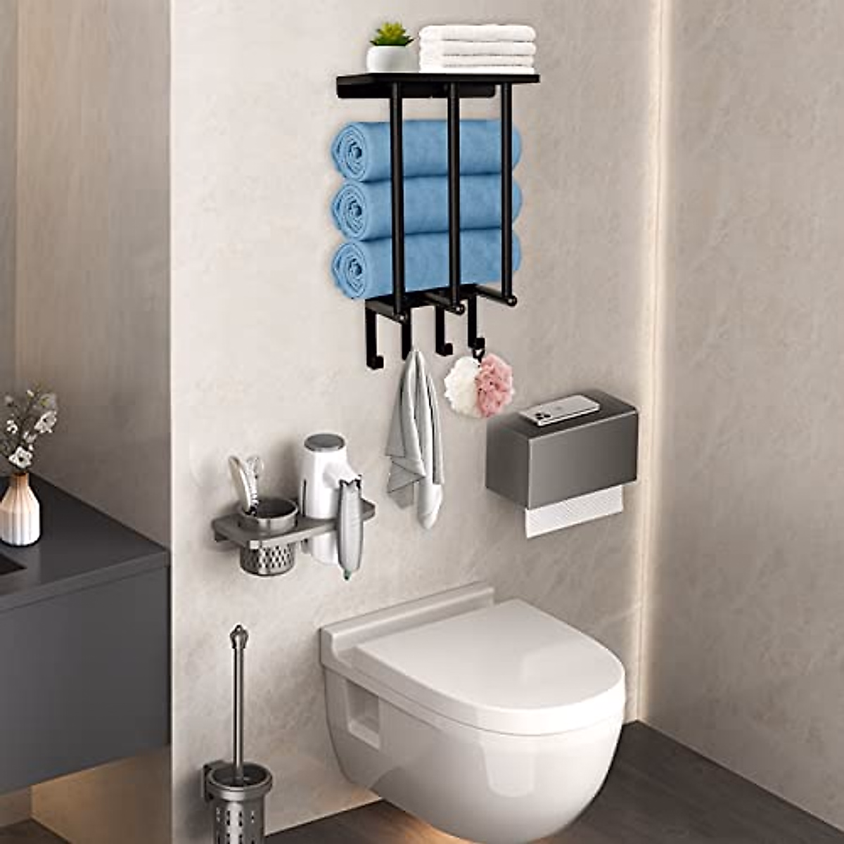 Bathroom Towel Rack with 4 Hooks - Wall Mount Towel Holder for Bathroom with Metal Shelf, Ideal Bathroom Storage Organizer and Decor（Black）