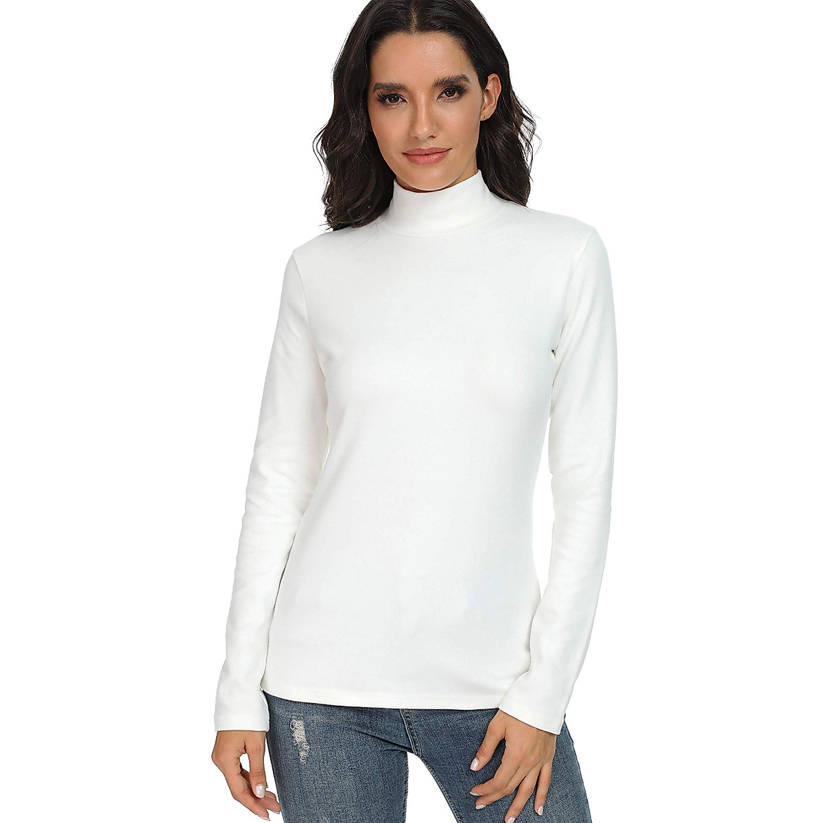 HieasyFit Women's Cotton Mock Turtleneck Basic Thermal Top White X-Large