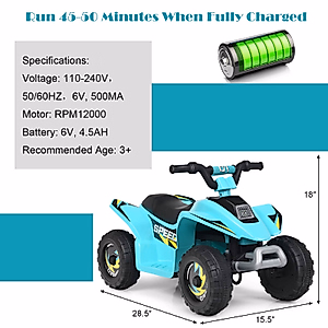 OLAKIDS Kids Ride On ATV, 6V Motorized Quad Toy Car for Toddlers, 4 Wheeler Battery Powered Electric Vehicle for Boys Girls with Forward/Reverse Switch, Anti-Slip Wheels (Aqua)