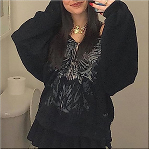 Winioder Women Y2K Zip Up Hoodie Vintage Graphic Oversized Hoodies Grunge Aesthetic Sweatshirt Jacket Skeleton Gothic Hoodie (G-Black,Medium)