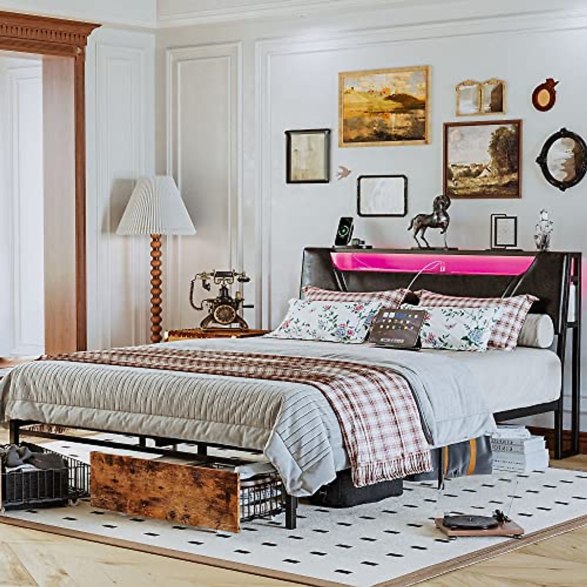 IRONCK Queen Bed Frame with Drawers, Ergonomic Storage Headboard with Charging Station, LED Light, Solid and Stable, No Box Spring Needed