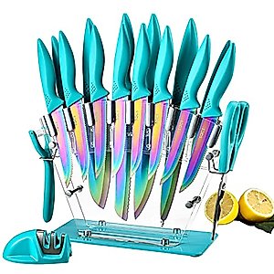 Rainbow Knife Set 18 Pcs Kitchen Knives Set Sharp Stainless Steel Knife Sets Contain 8 Steak Knives Sharpener Peeler Clear Acrylic Stand Beautiful Knife Best Gift (Turquoise 18PCS Set)