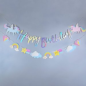 Unicorn Happy Birthday Banner with Sparkle Gold Glitter for Girls and Boys Cartoon Clouds Stars Rainbow Birthday Decorations Baby Shower Banner Unicorn Themed Party Supplies