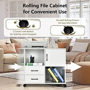 Giantex Printer Stand Under Desk - Mobile File Cabinet with 2 Drawers, Lateral Cabinet, 2 Open Compartments, Lateral Rolling Filing Cabinet on Wheels for Home & Office Use Printer Table (White)