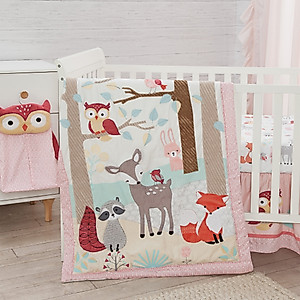 Lambs & Ivy Little Woodland Forest Animals 4 Piece Crib Bedding Set, Pink/White