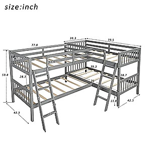 Harper & Bright Designs L Shaped Bunk Bed for 4, Quad Bunk Bed Twin Size, Wooden Bunk Bed Frame for Kids Teens Adults - Gray