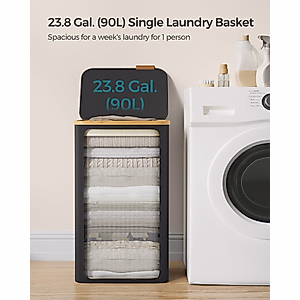 SONGMICS Laundry Hamper with Lid, Large Laundry Basket, 23.8 Gallons (90L), Removable Mesh Liner, Bamboo Handles, Collapsible, 16.5 x 12.6 x 27.8 Inches, Ink Black ULCB509B01